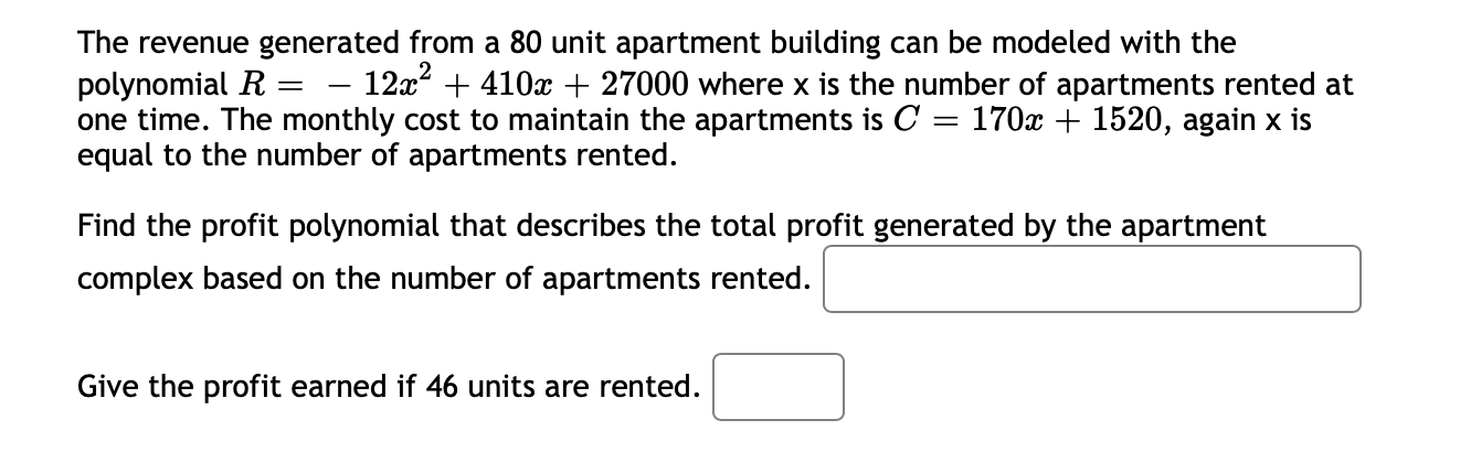 Solved The revenue generated from a 80 unit apartment | Chegg.com