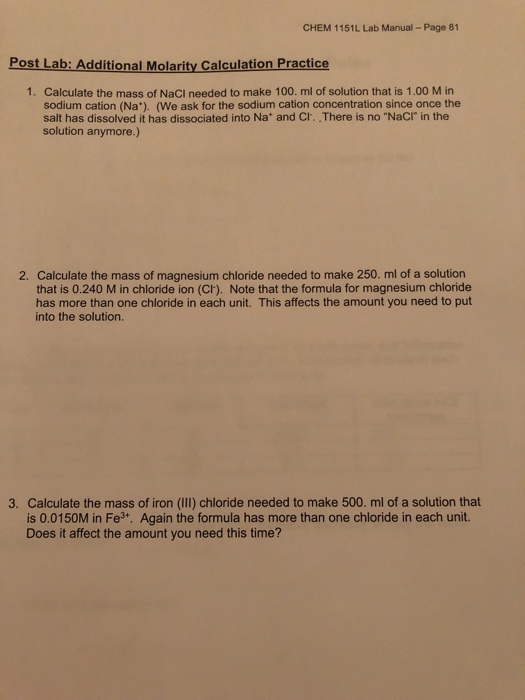 Solved CHEM 1151L Lab Manual - Page 81 Post Lab: Additional | Chegg.com Solved CHEM 1151L Lab Manual - Page 81 Post Lab: Additional | Chegg.com