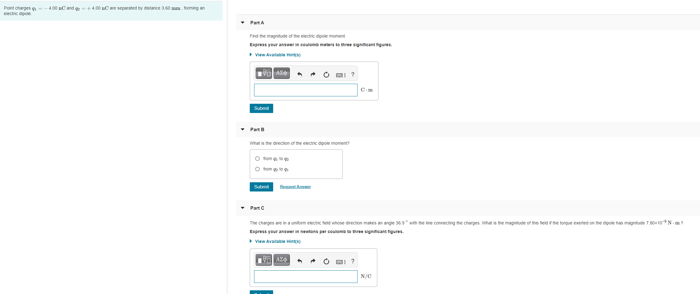 Solved Point charges qı = electric dipole. 4.00 nC and q2 = | Chegg.com