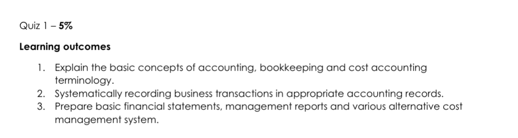Solved Quiz 1-5\% Learning outcomes 1. Explain the basic | Chegg.com