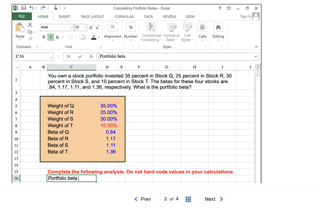 Solved X H5 Calculating Portfolio Betas - Excel ? ? X FILE | Chegg.com