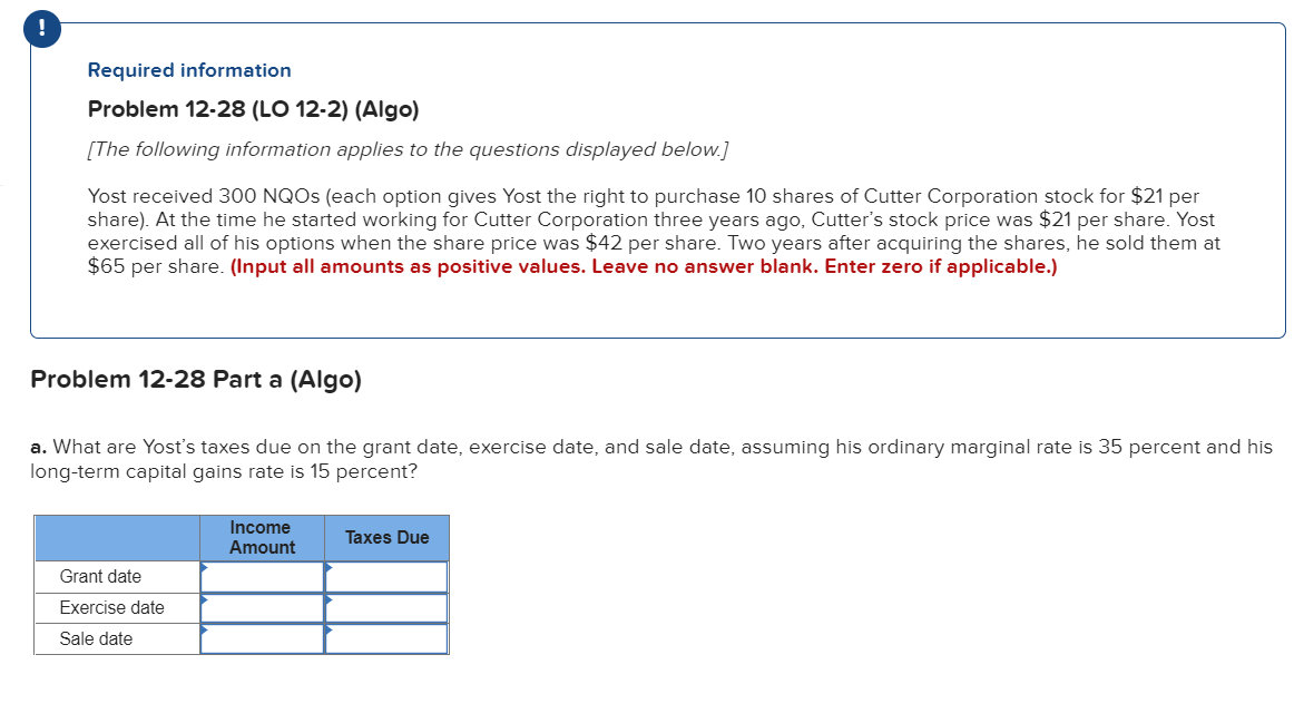 Solved ! Required information Problem 12-28 (LO 12-2) (Algo) | Chegg.com