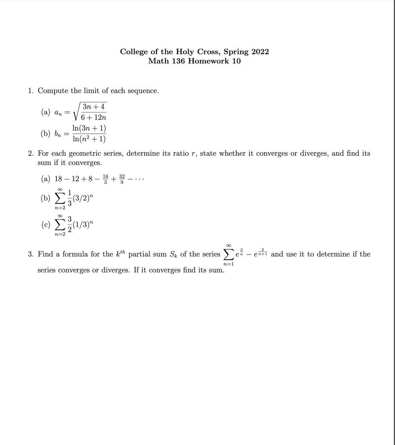 Solved College of the Holy Cross, Spring 2022 Math 136 | Chegg.com