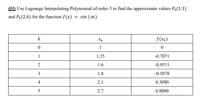 Solved 03) Use Lagrange Interpolating Polynomial of order 5 | Chegg.com
