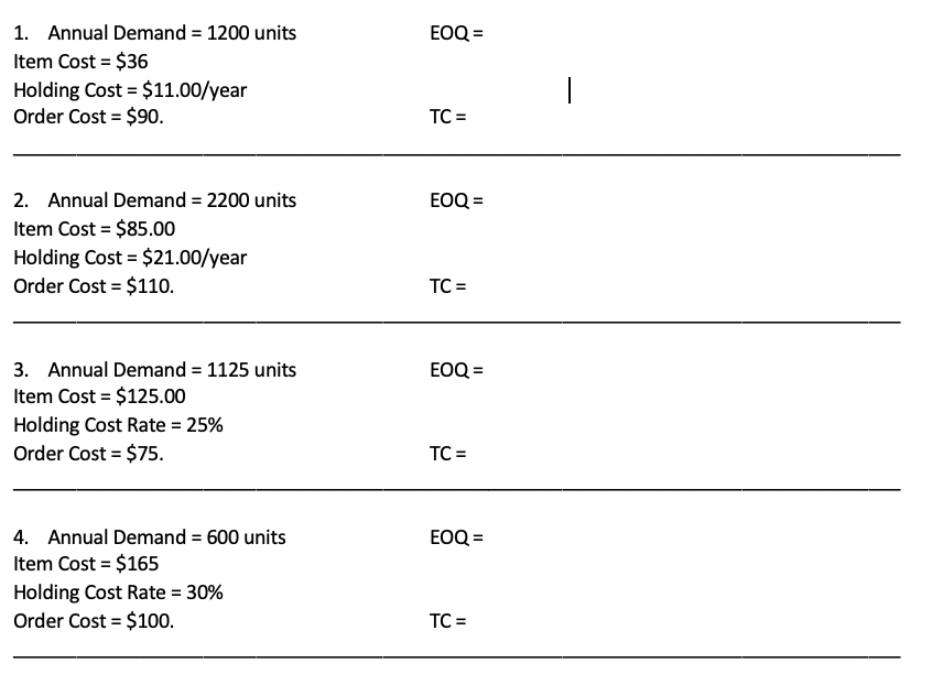 Solved 1. Annual Demand =1200 units Item Cost =$36 Holding | Chegg.com