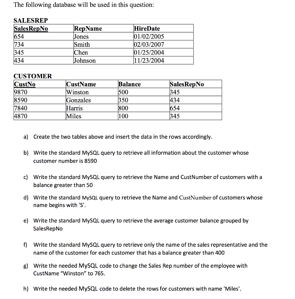Solved The following database will be used in this question: | Chegg.com