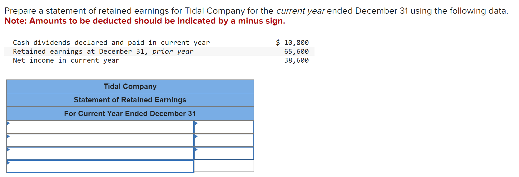 Solved Prepare a statement of retained earnings for Tidal | Chegg.com