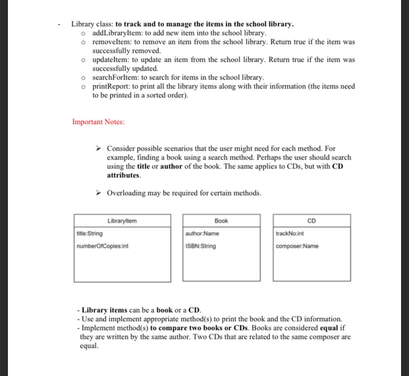 Solved Library class: to track and to manage the items in | Chegg.com