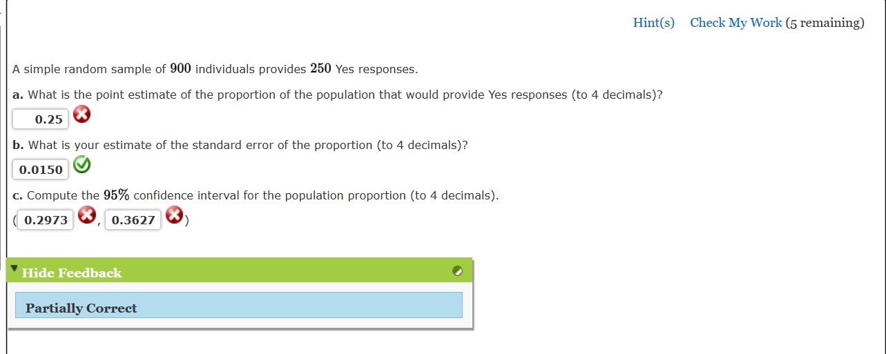 Solved Hint(s) Check My Work (5 remaining) A simple random | Chegg.com
