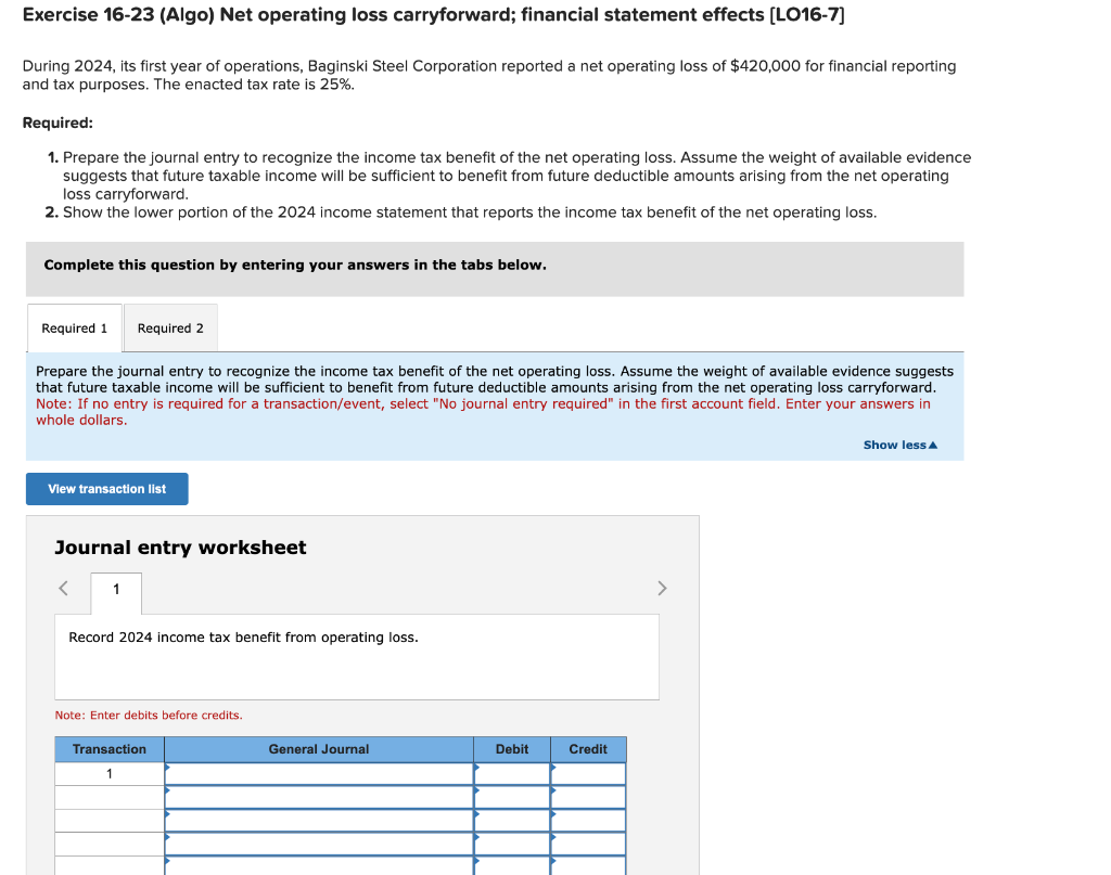 Solved Exercise 16−23 (Algo) Net operating loss | Chegg.com