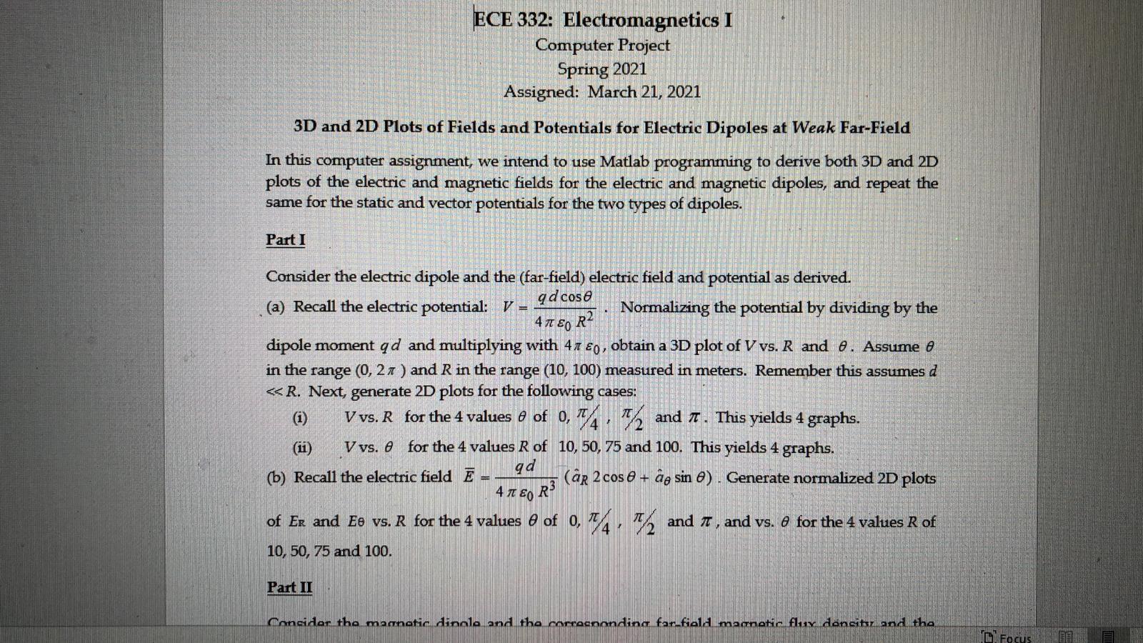 Solved ECE 332: Electromagnetics I Computer Project Spring | Chegg.com