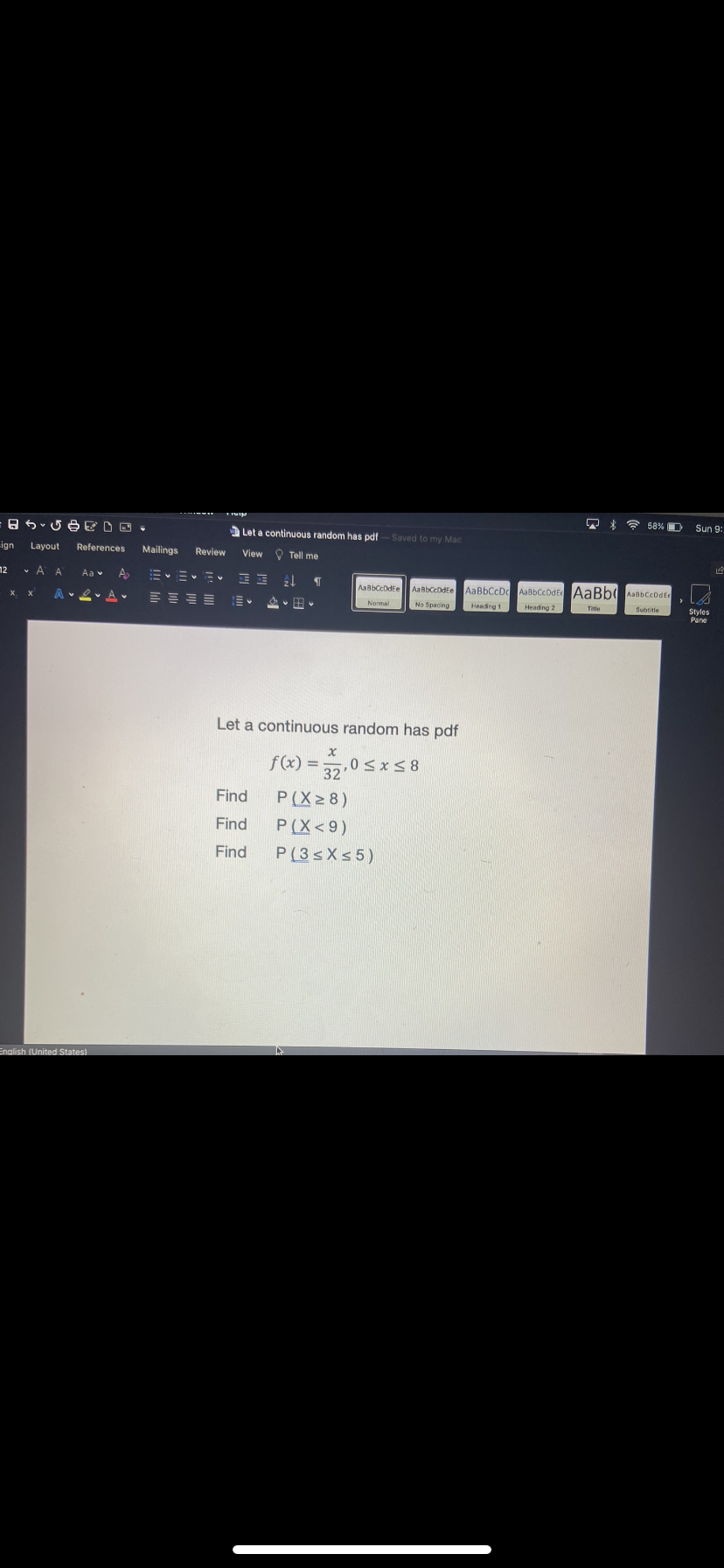 Solved SUSEDO. 58% D Sun 9 ign Layout References Mailings | Chegg.com