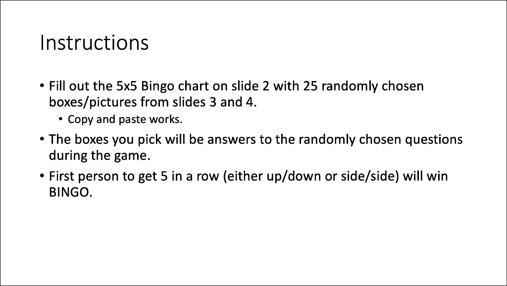 Solved Instructions • Fill out the 5x5 Bingo chart on slide | Chegg.com