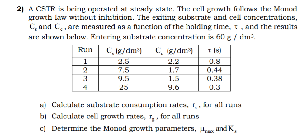 Solved 2) A CSTR is being operated at steady state. The cell | Chegg.com