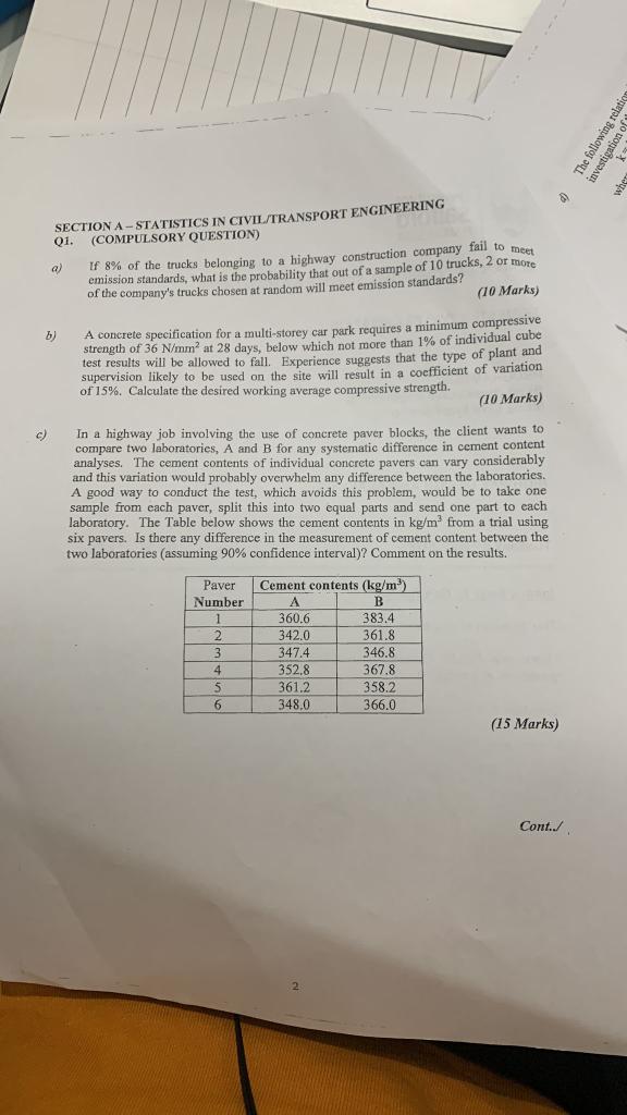 Solved SECTION A-STATISTICS IN CIVIL/TRANSPORT ENGINEERING | Chegg.com