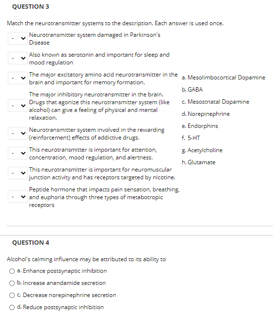 Solved QUESTION 3 Match the neurotransmitter systems to the | Chegg.com