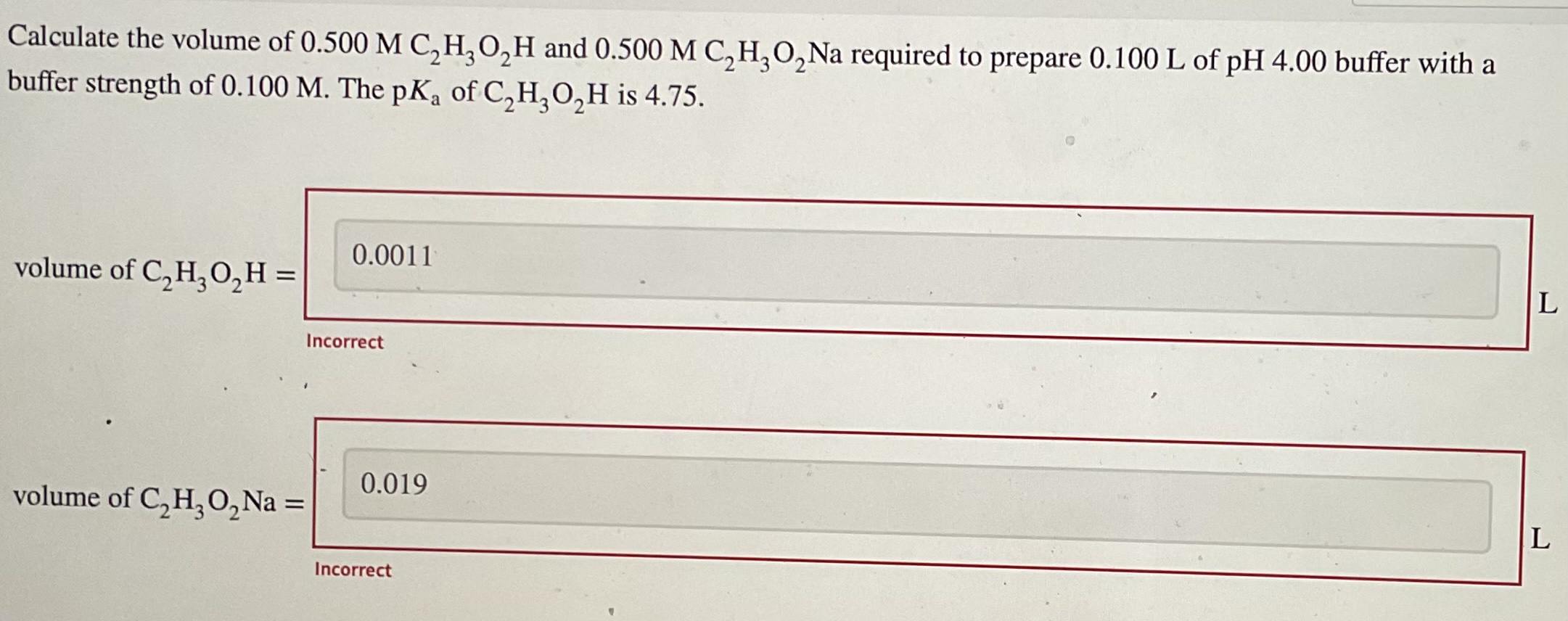 Solved Calculate the volume of 0.500MC2H3O2H and | Chegg.com