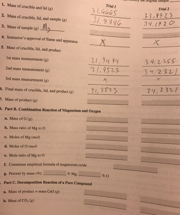 Trial 1 1. Mass of crucible and lid (g) 2. Mass of | Chegg.com