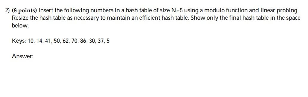 Solved 2) (8 points) Insert the following numbers in a hash | Chegg.com