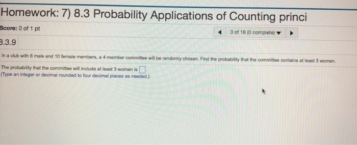Solved Homework:7) 8.3 Probability Applications of Counting | Chegg.com