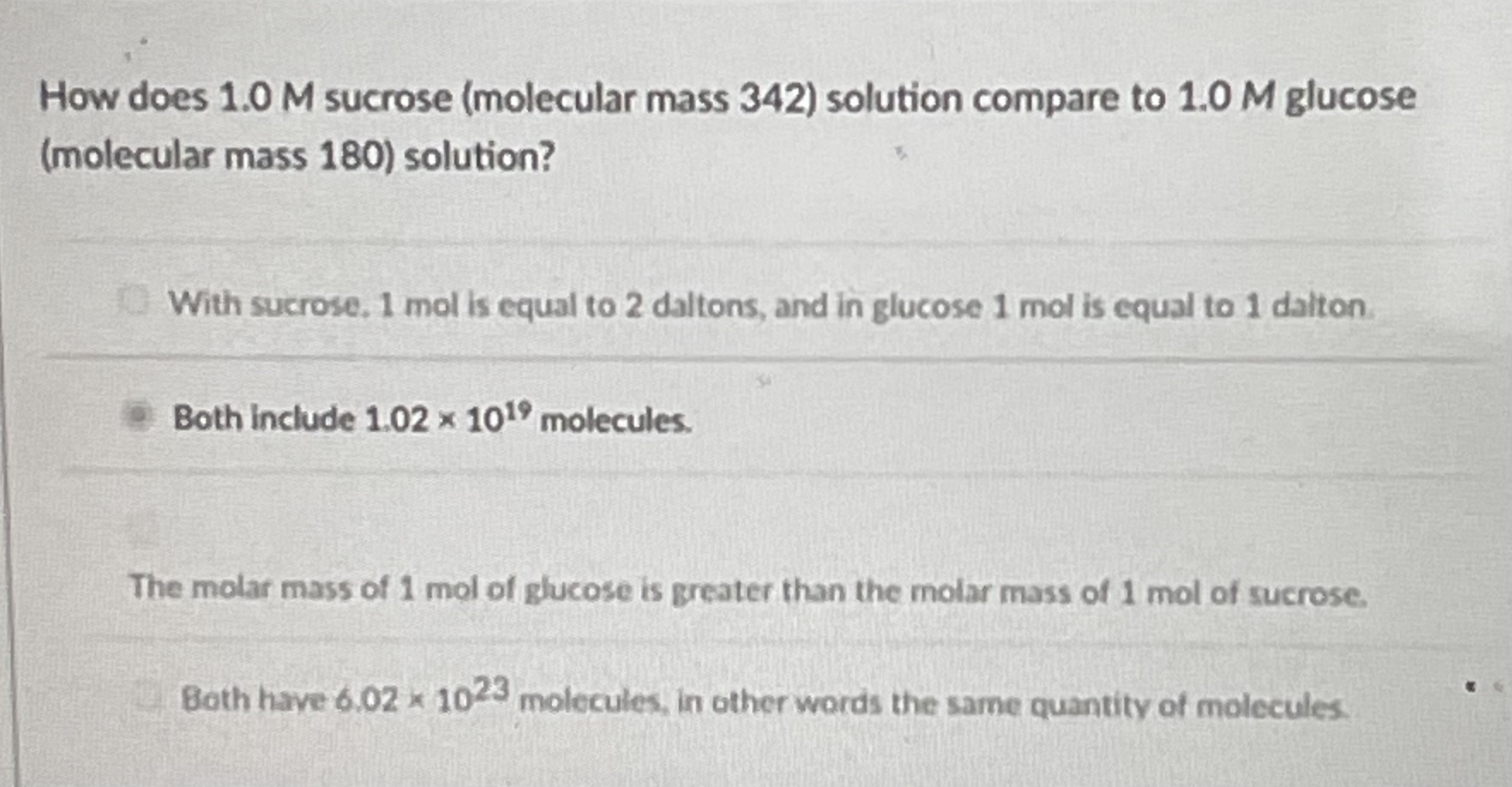 Solved How does 1.0M sucrose (molecular mass 342 ) solution | Chegg.com