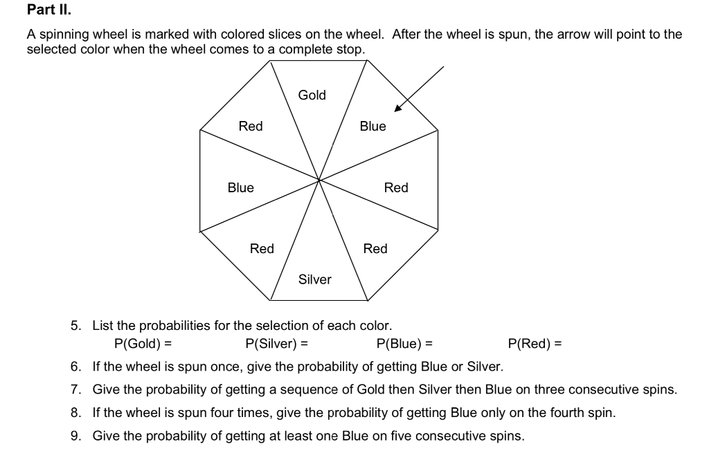 Solved Part II. A spinning wheel is marked with colored | Chegg.com