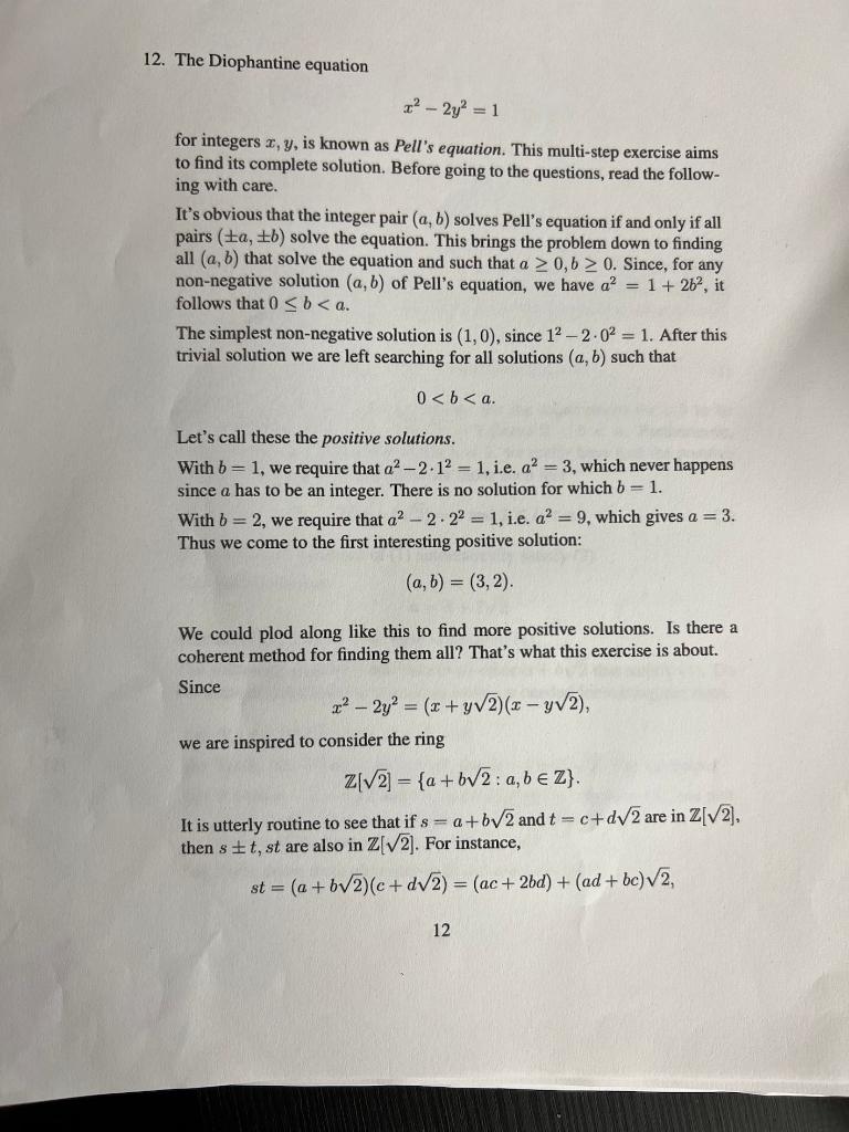 Solved 12. The Diophantine equation x² = 2y² = 1 for | Chegg.com