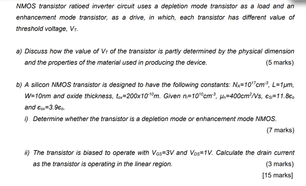 Solved NMOS transistor ratioed inverter circuit uses a | Chegg.com