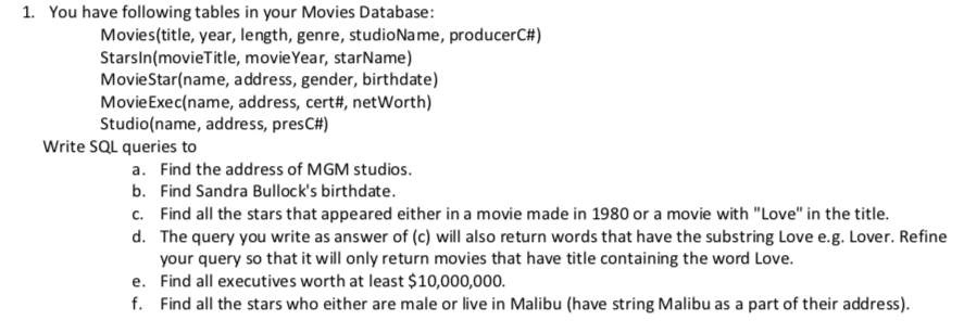 Solved 1. You have following tables in your Movies Database: | Chegg.com