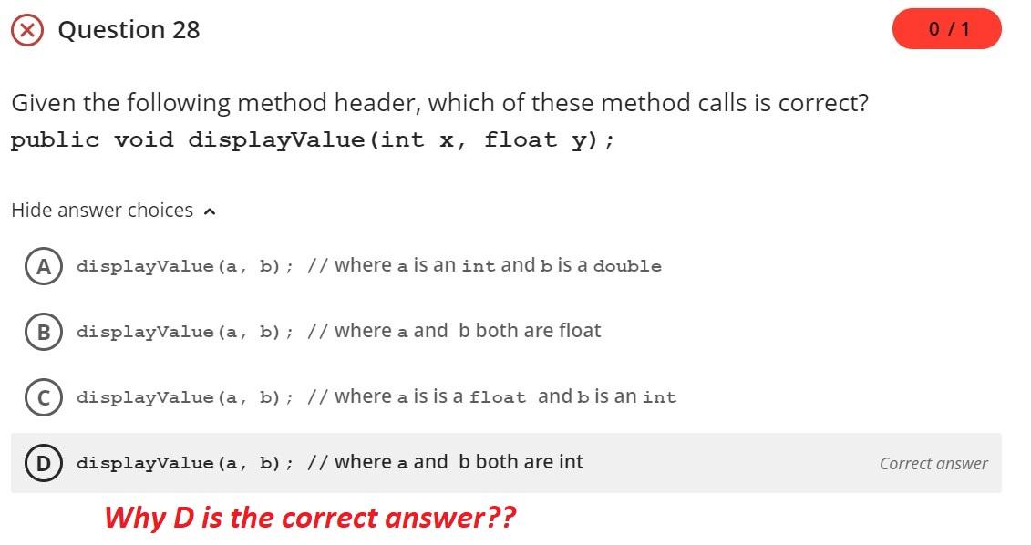 Solved Question 28 0 71 Given the following method header, | Chegg.com