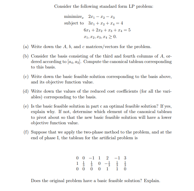 Consider the following standard form LP problem | Chegg.com