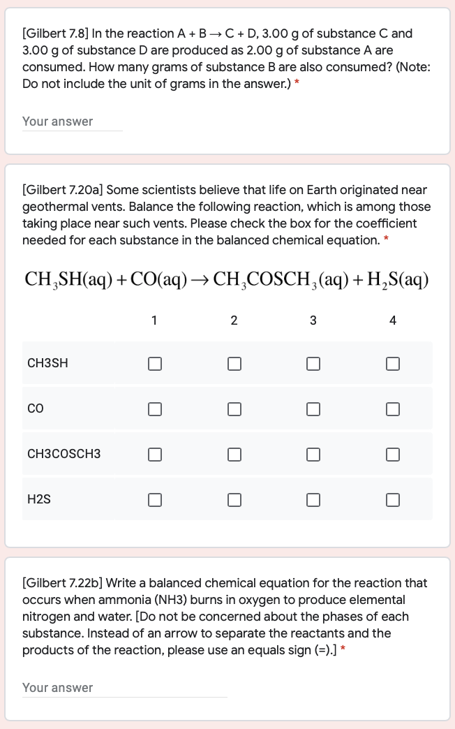 Solved [Gilbert 7.8] In the reaction A+B+C+D, 3.00 g of | Chegg.com