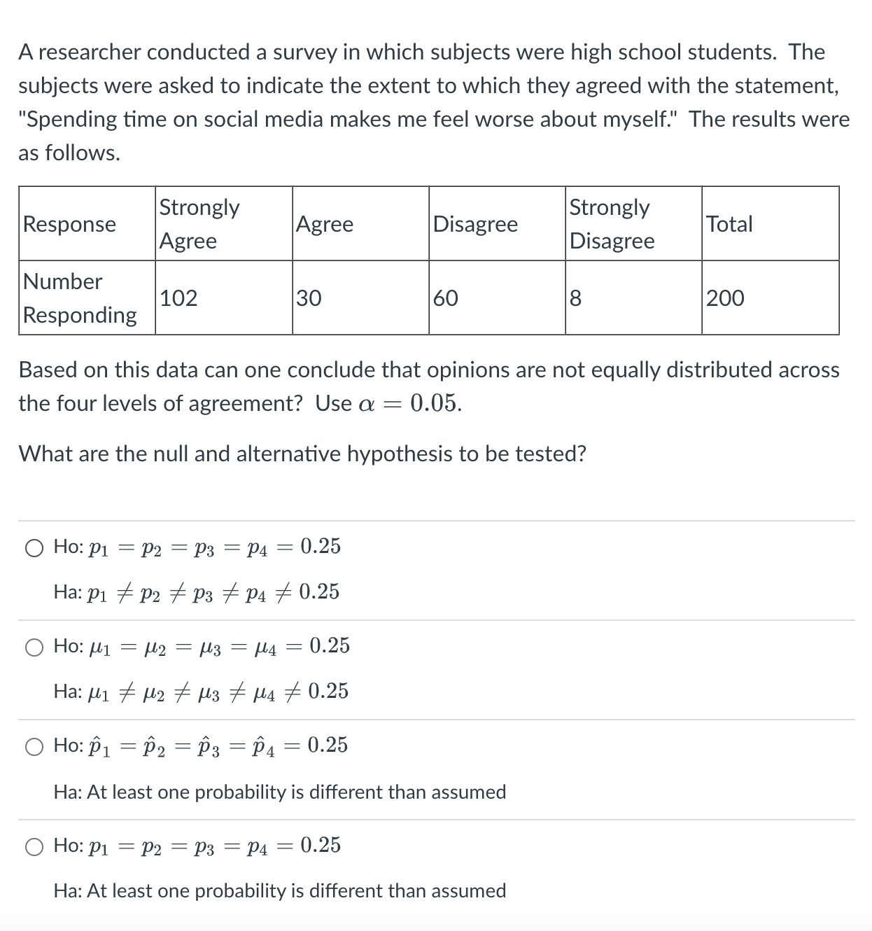 Solved A researcher conducted a survey in which subjects | Chegg.com