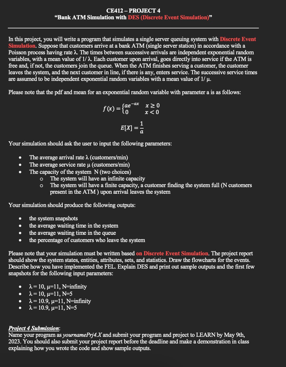 Solved CE412 - PROJECT 4 "Bank ATM Simulation with DES | Chegg.com