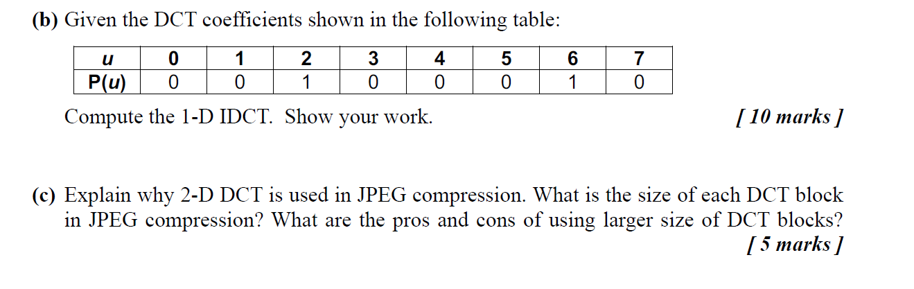 Solved u 4 7 (b) Given the DCT coefficients shown in the | Chegg.com