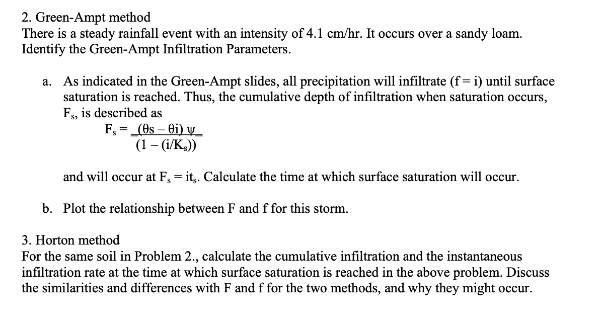 2. Green-Ampt method There is a steady rainfall event | Chegg.com