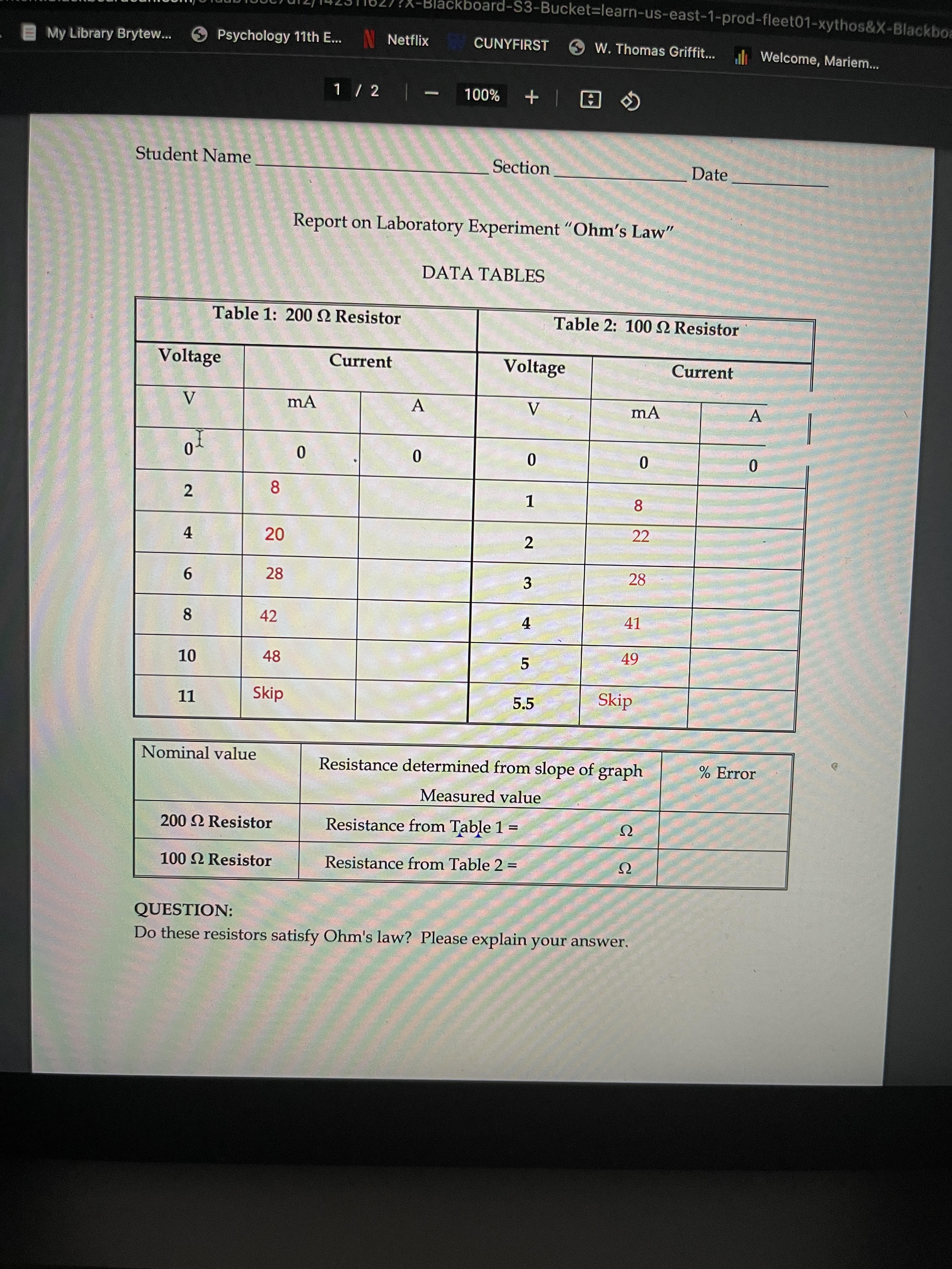 Solved Report on Laboratory Experiment "Ohm's Law" DATA | Chegg.com