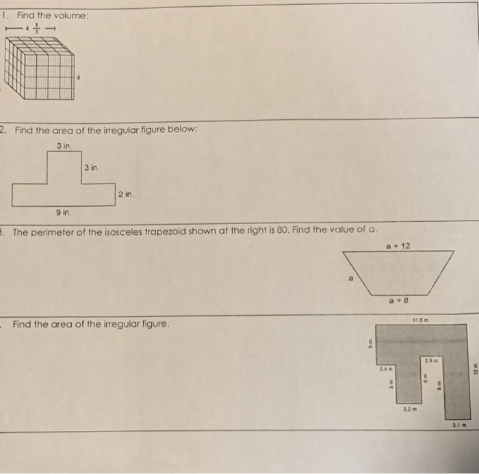 Solved 1. Find the volume: Find the area of the irregular | Chegg.com