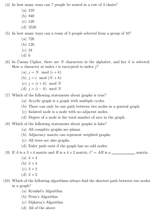 Solved Question. 1. (20 points) Multiple Choice Questions. 2 | Chegg.com