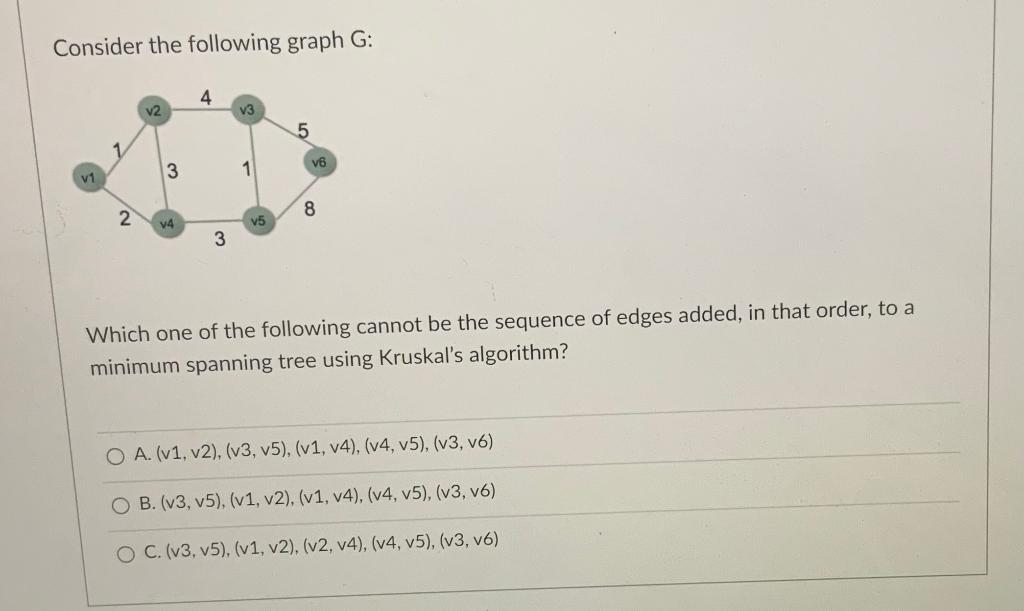 Solved Consider the following graph G: 4 v2 v3 5 1 3 1 V6 v1 | Chegg.com