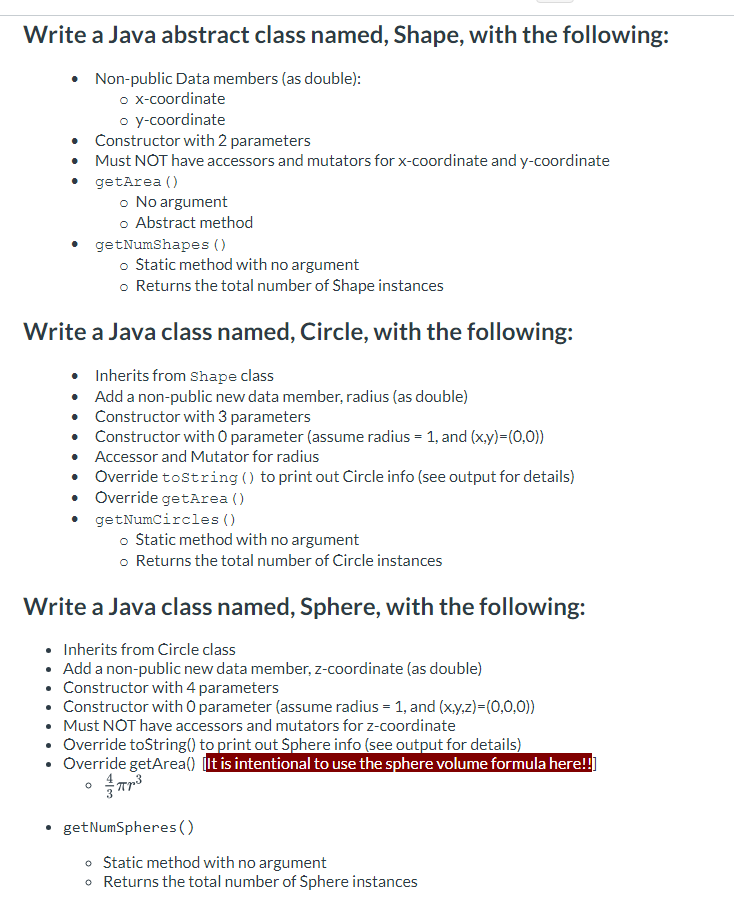 Solved Write A Java Abstract Class Named Shape With The 