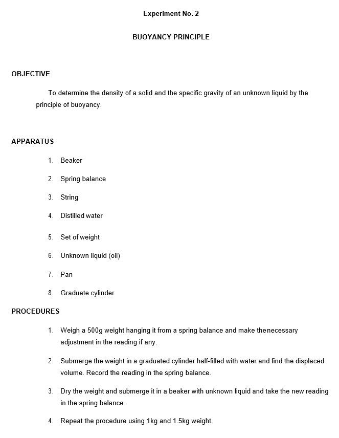 Solved Experiment No. 2 BUOYANCY PRINCIPLE OBJECTIVE To | Chegg.com