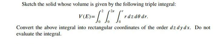 Solved Sketch the solid whose volume is given by the | Chegg.com
