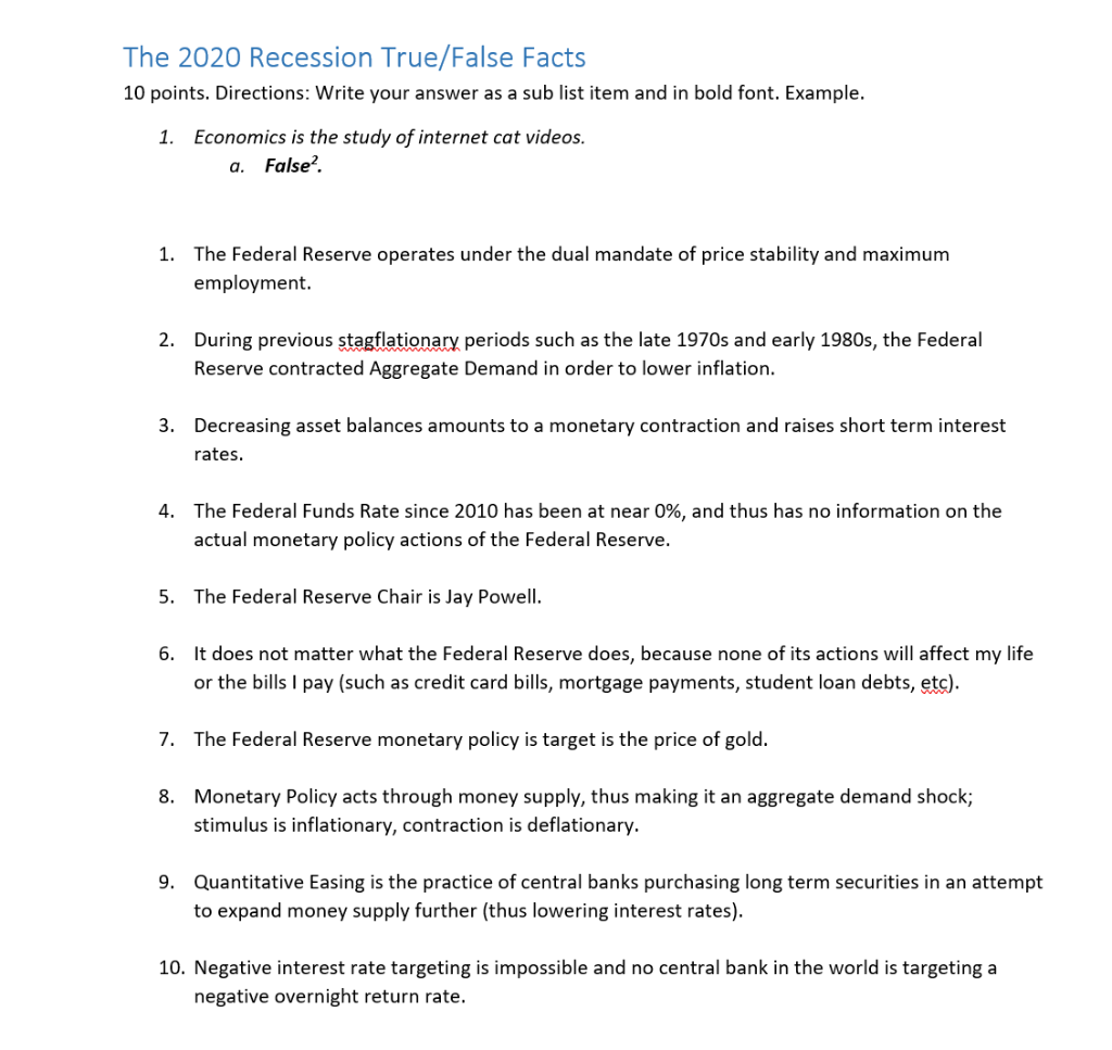Solved The 2020 Recession True False Facts 10 Points Chegg