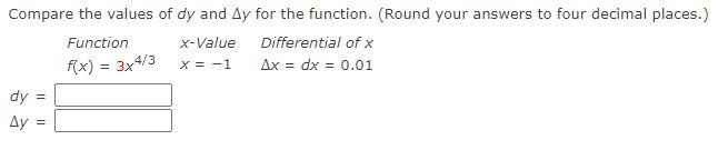 Solved Compare the values of dy and Δy for the function. | Chegg.com