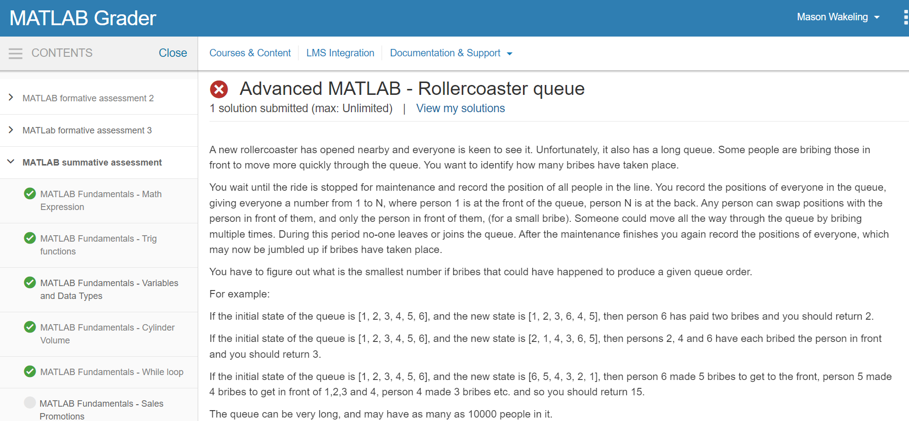 Solved MATLAB Grader Mason Wakeling = CONTENTS Close Courses | Chegg.com