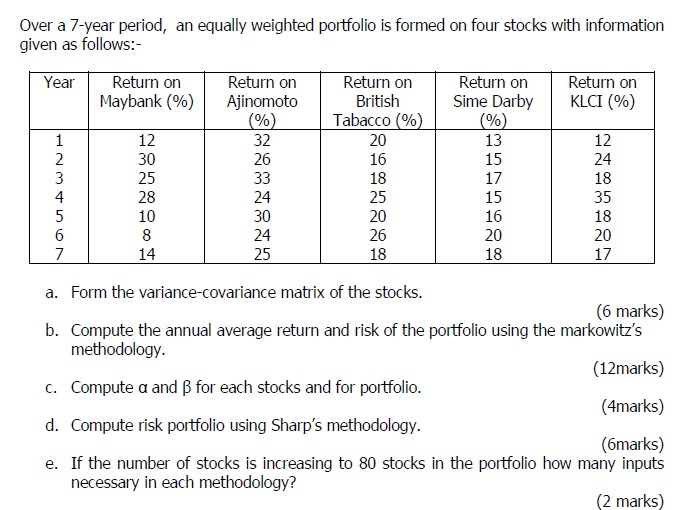 Solved Over a 7-year period, an equally weighted portfolio | Chegg.com