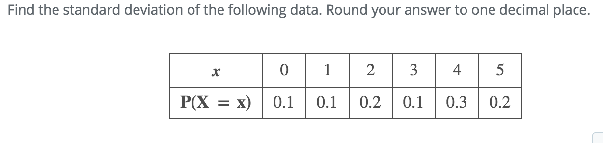 Solved Find the standard deviation of the following data. | Chegg.com