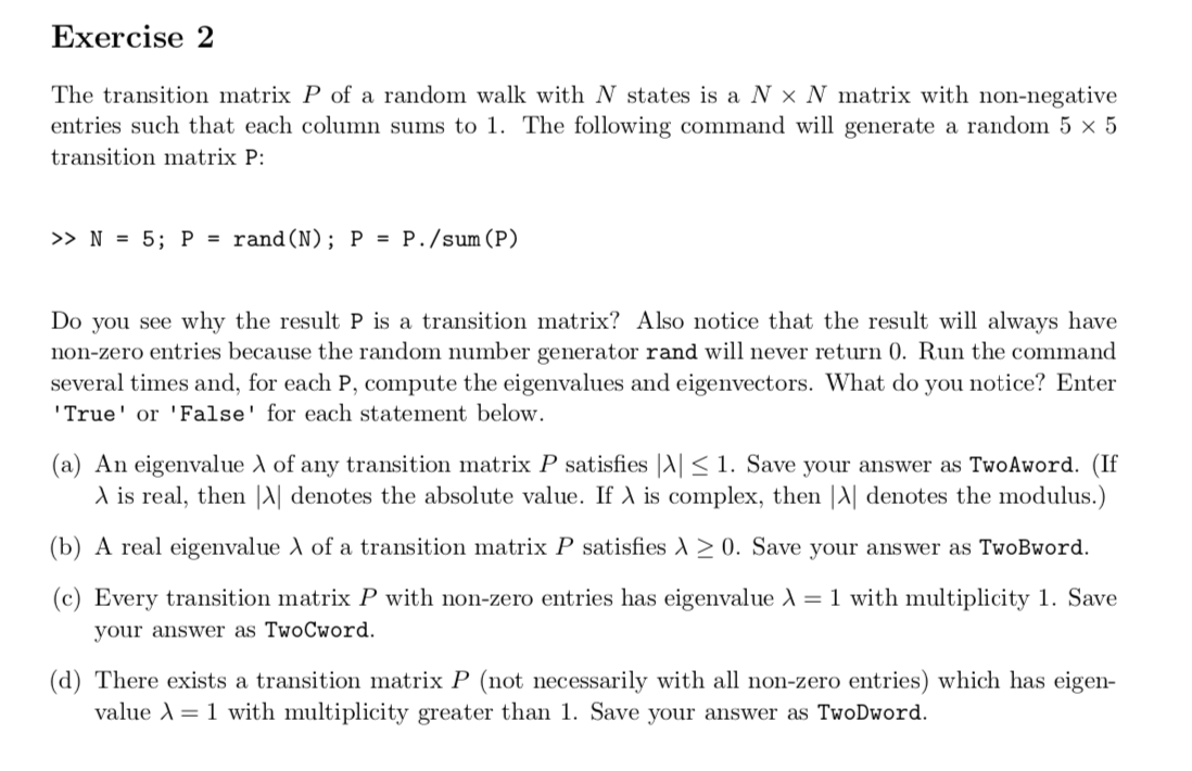 Solved The transition matrix P of a random walk with N | Chegg.com