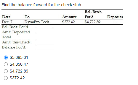 Solved Find the balance forward for the check stus | Chegg.com